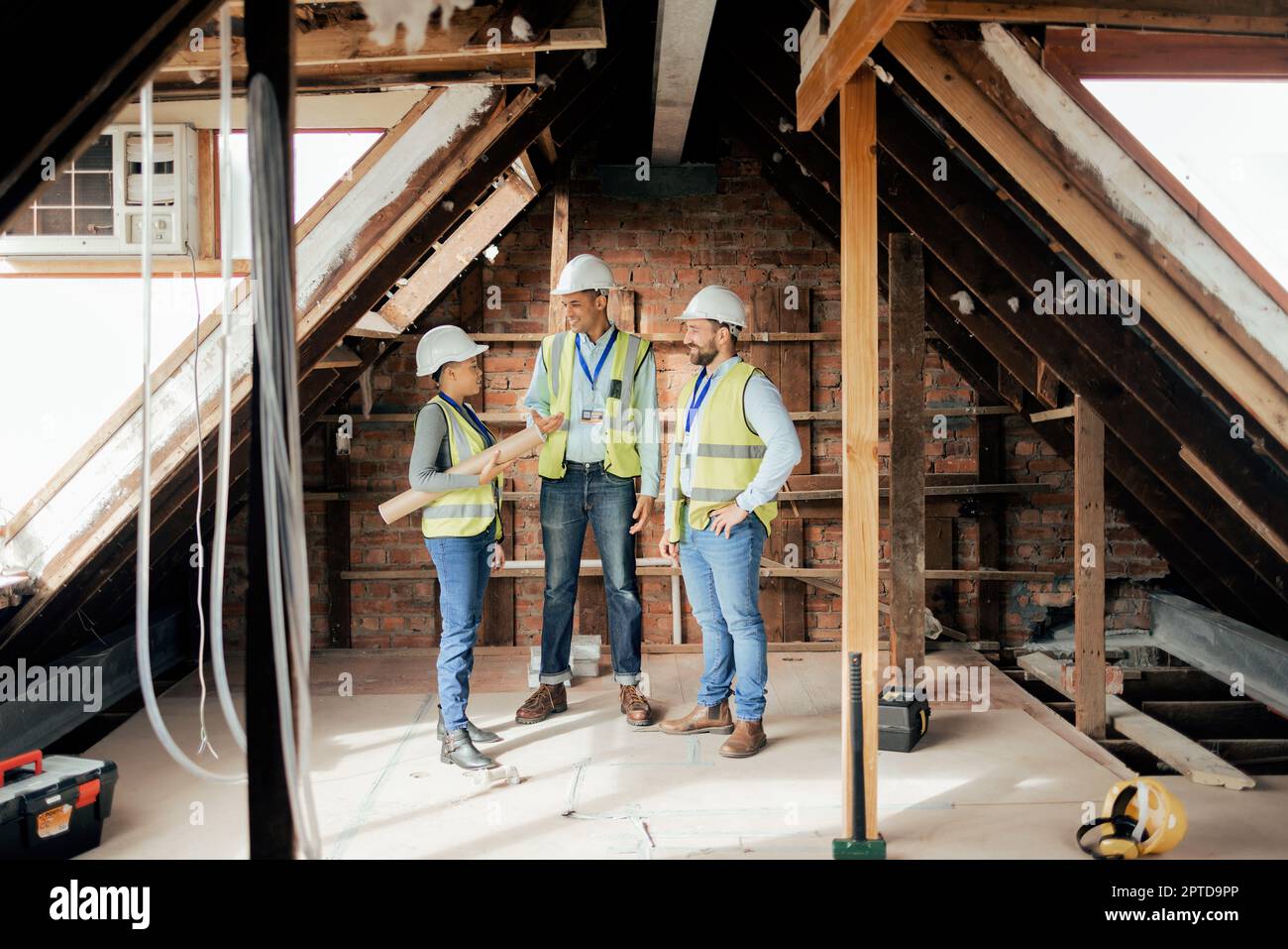 Construction team, home renovation and planning or innovation for ...