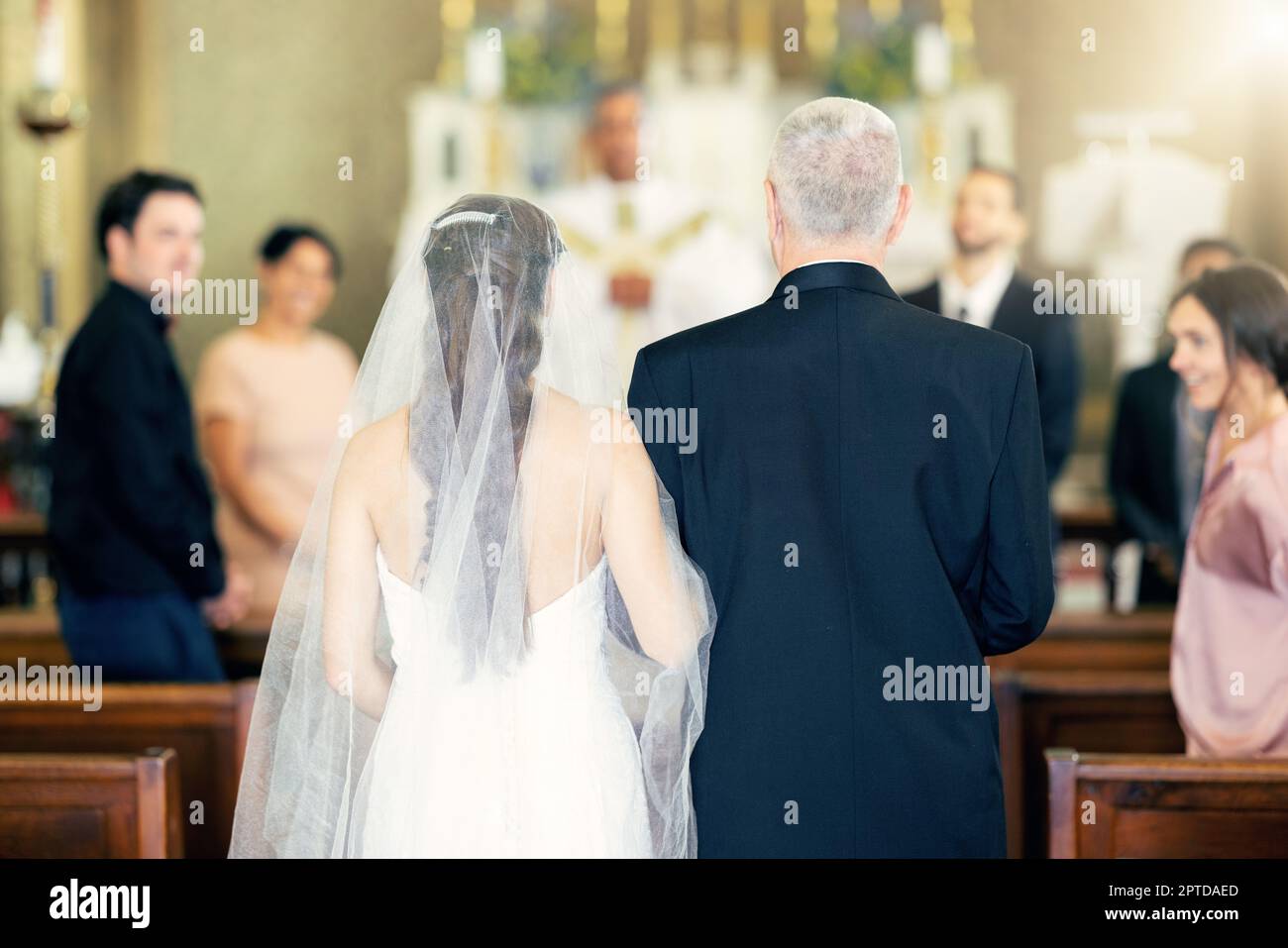 Wedding, event and father with bride at chapel for celebration, faith ...