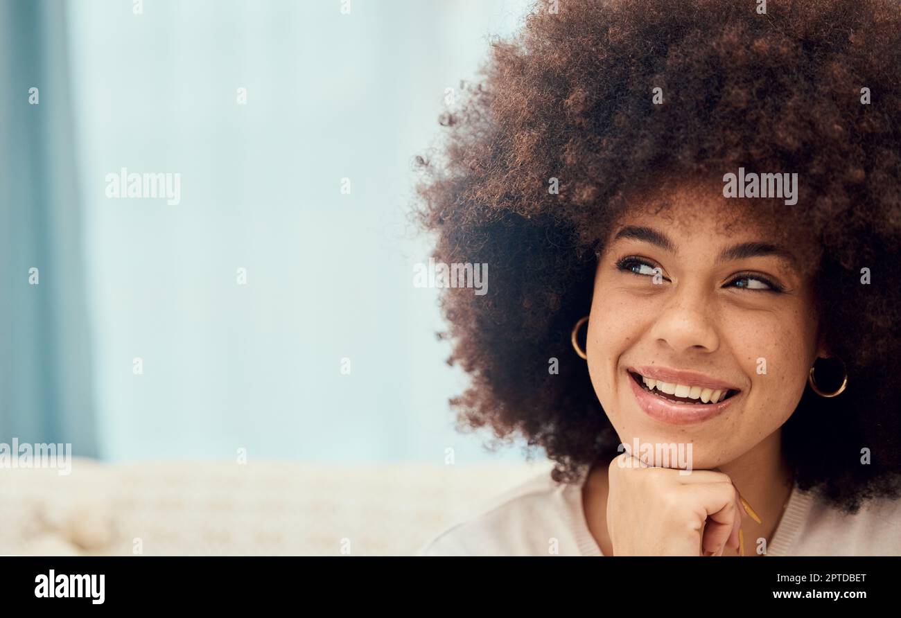 Happy black woman, daydream thinking and closeup with vision, future ...