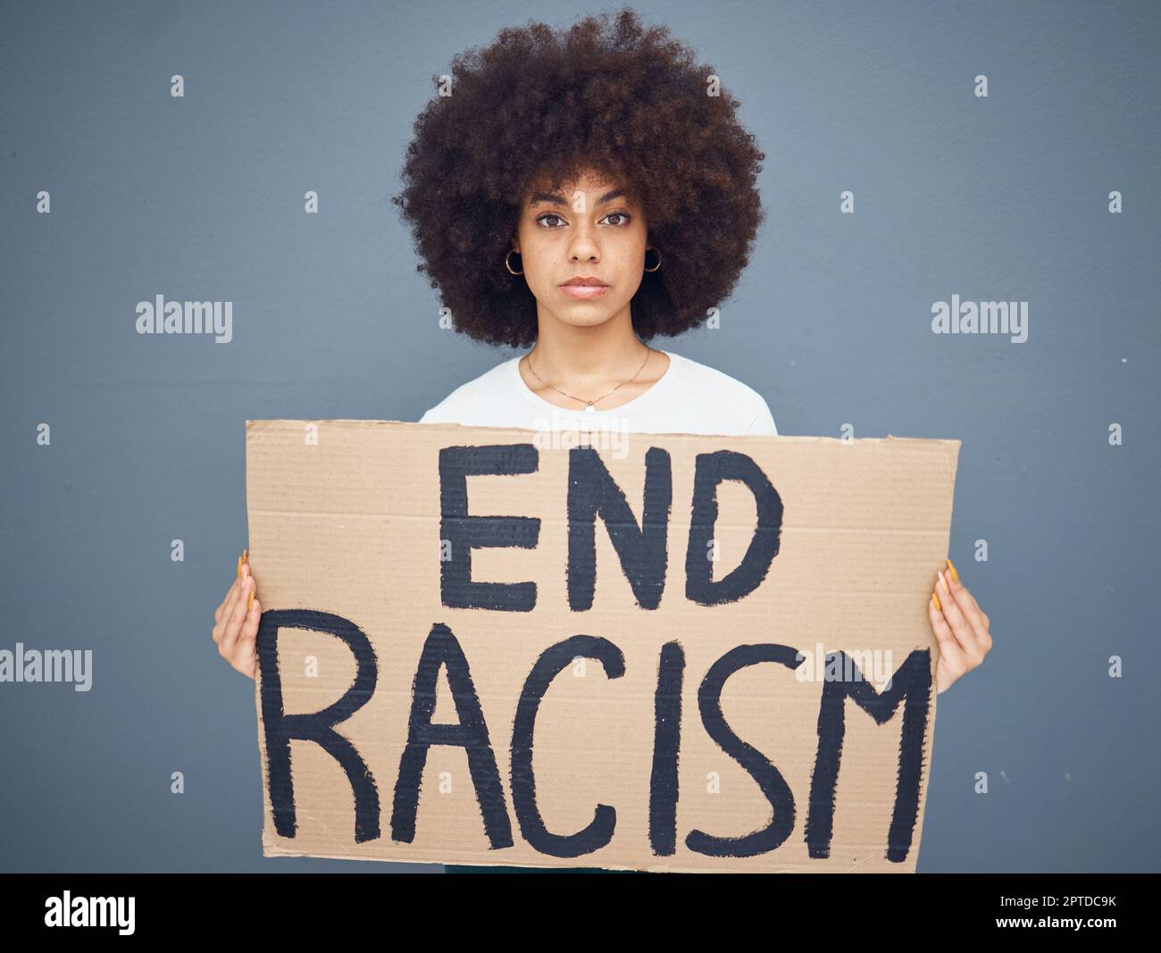 Portrait of black woman, end racism and protest banner for activism ...