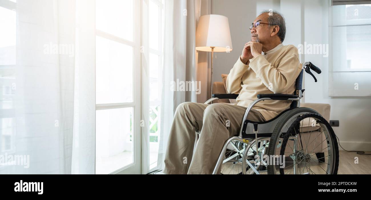 Lonely Older Thoughtful Sad Old Man Look Outside Windows In Bedroom At