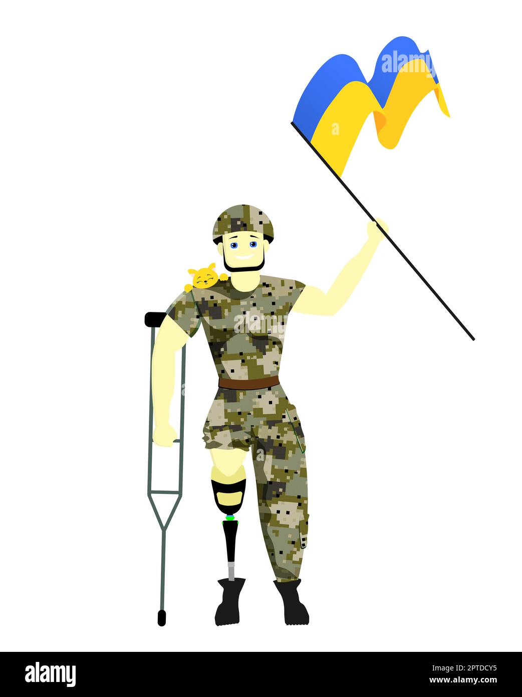 Ukrainian soldier with a yellow-blue flag. A soldier with a prosthetic ...