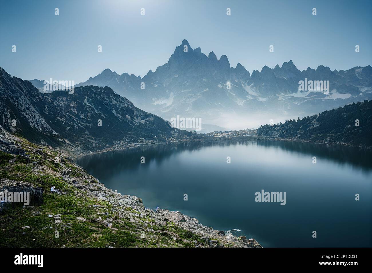 Dolomites landscape, peaks and lake background, 3D illustration graphic ...