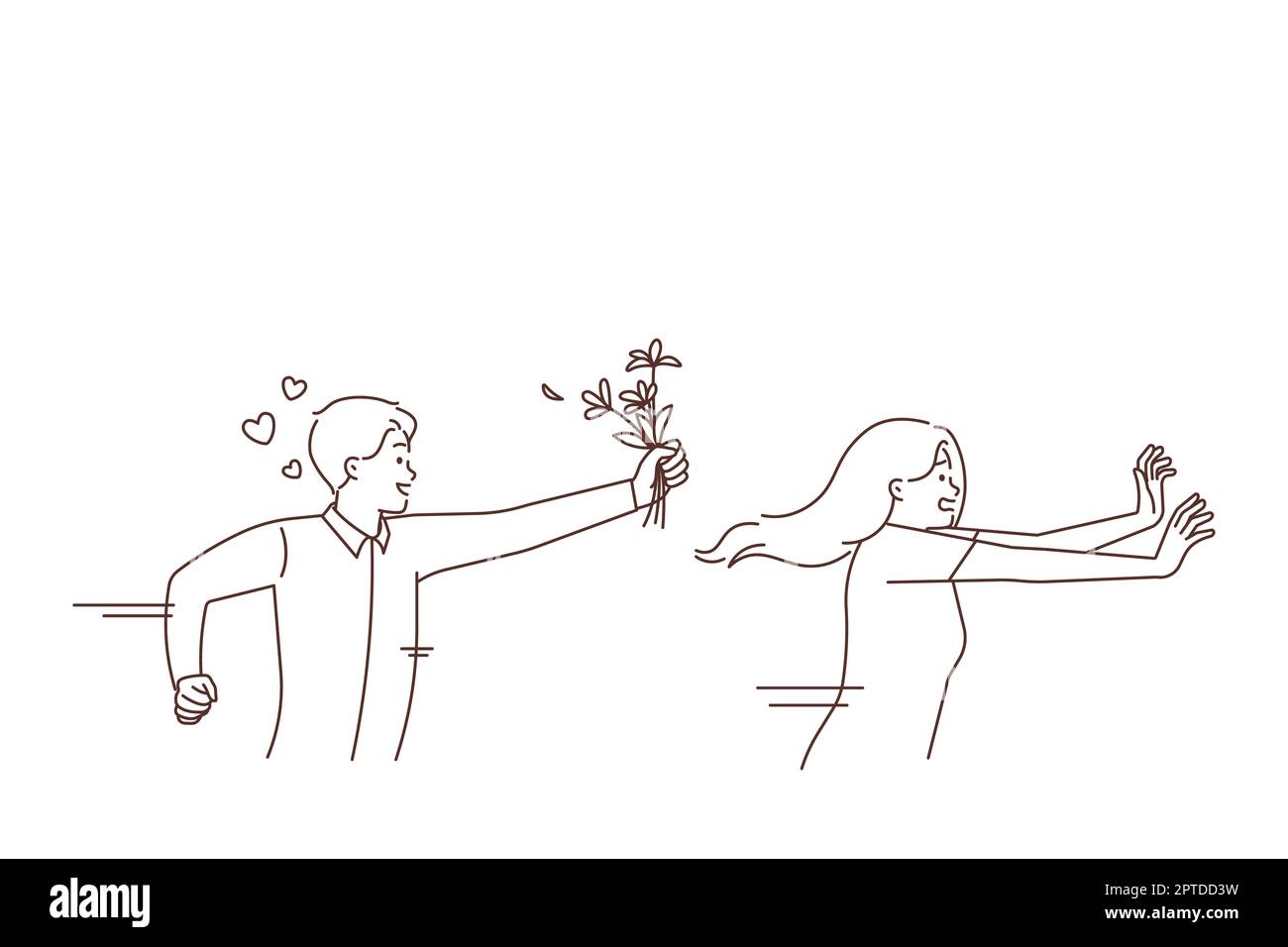 Excited man run after woman with flowers avoiding him. Male admirer ...