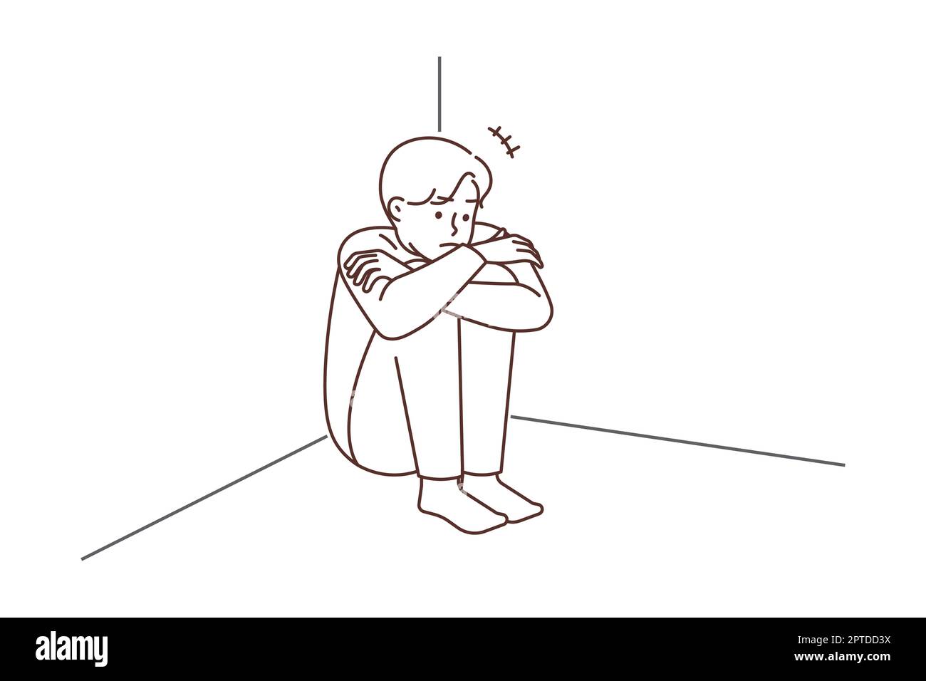 Unhappy young man sit at home in corner suffer from depression or ...