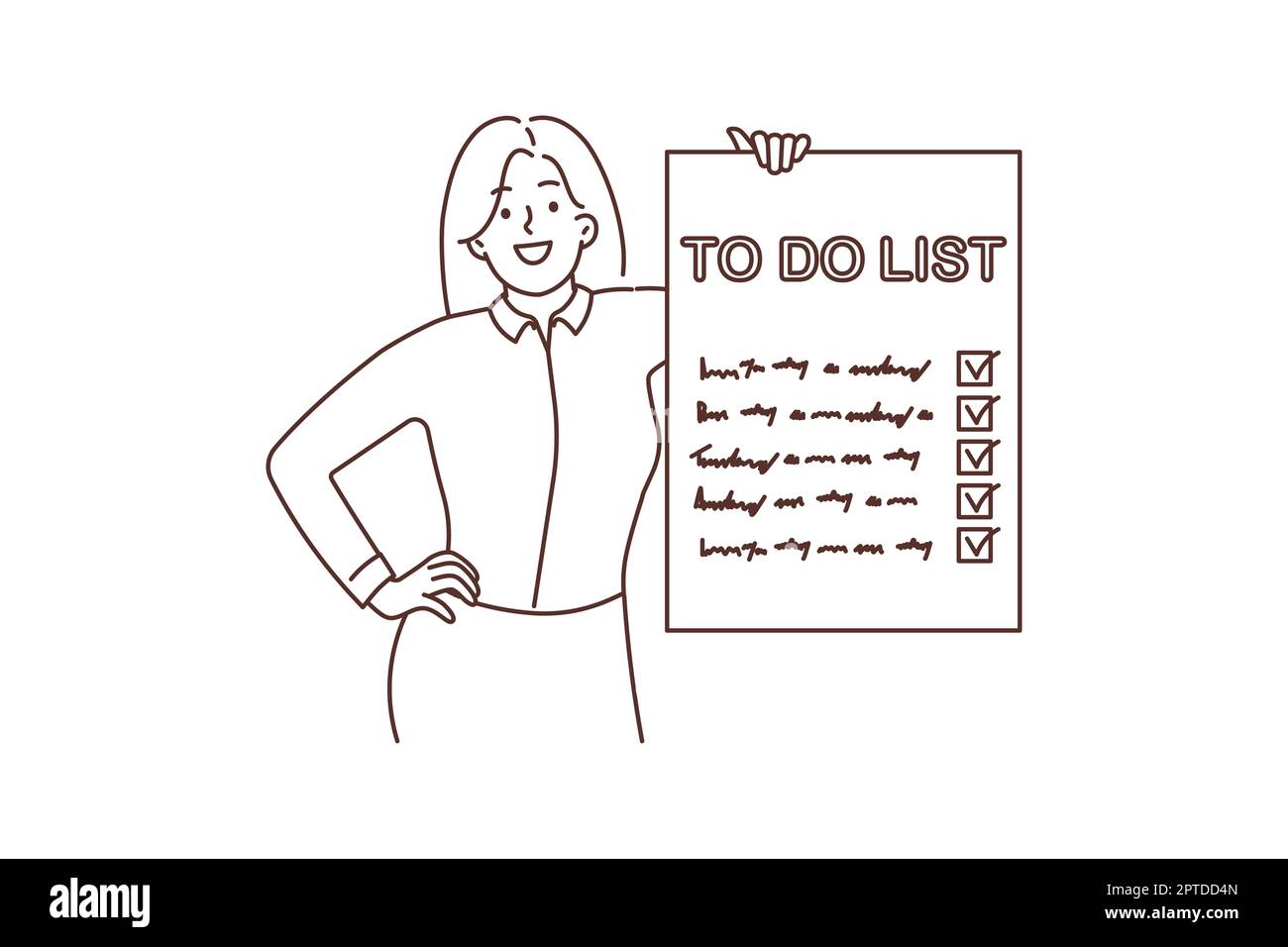 Smiling businesswoman show to do list with finish marks. Happy woman ...