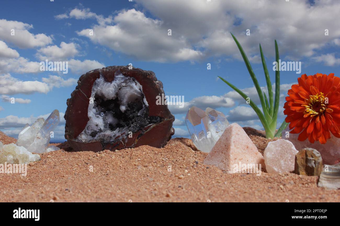 Chakra Stones and Aloe Plant on Australian Red Sand. Meditation Altar ...