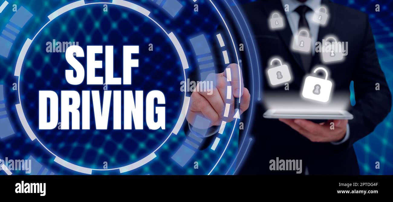 Hand writing sign Self Driving, Business showcase Autonomous vehicle ...