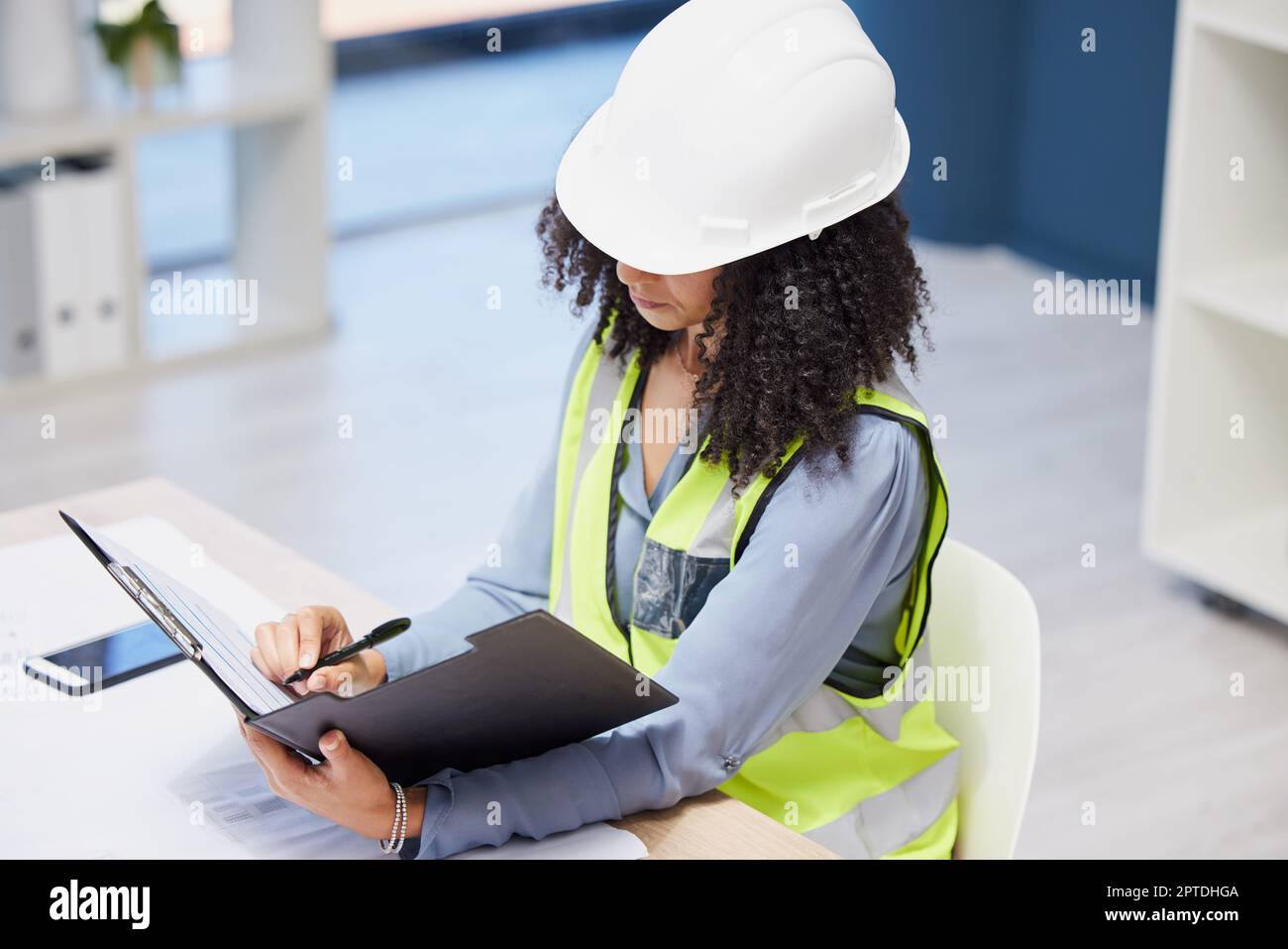Document, writing and construction worker or engineer black woman ...