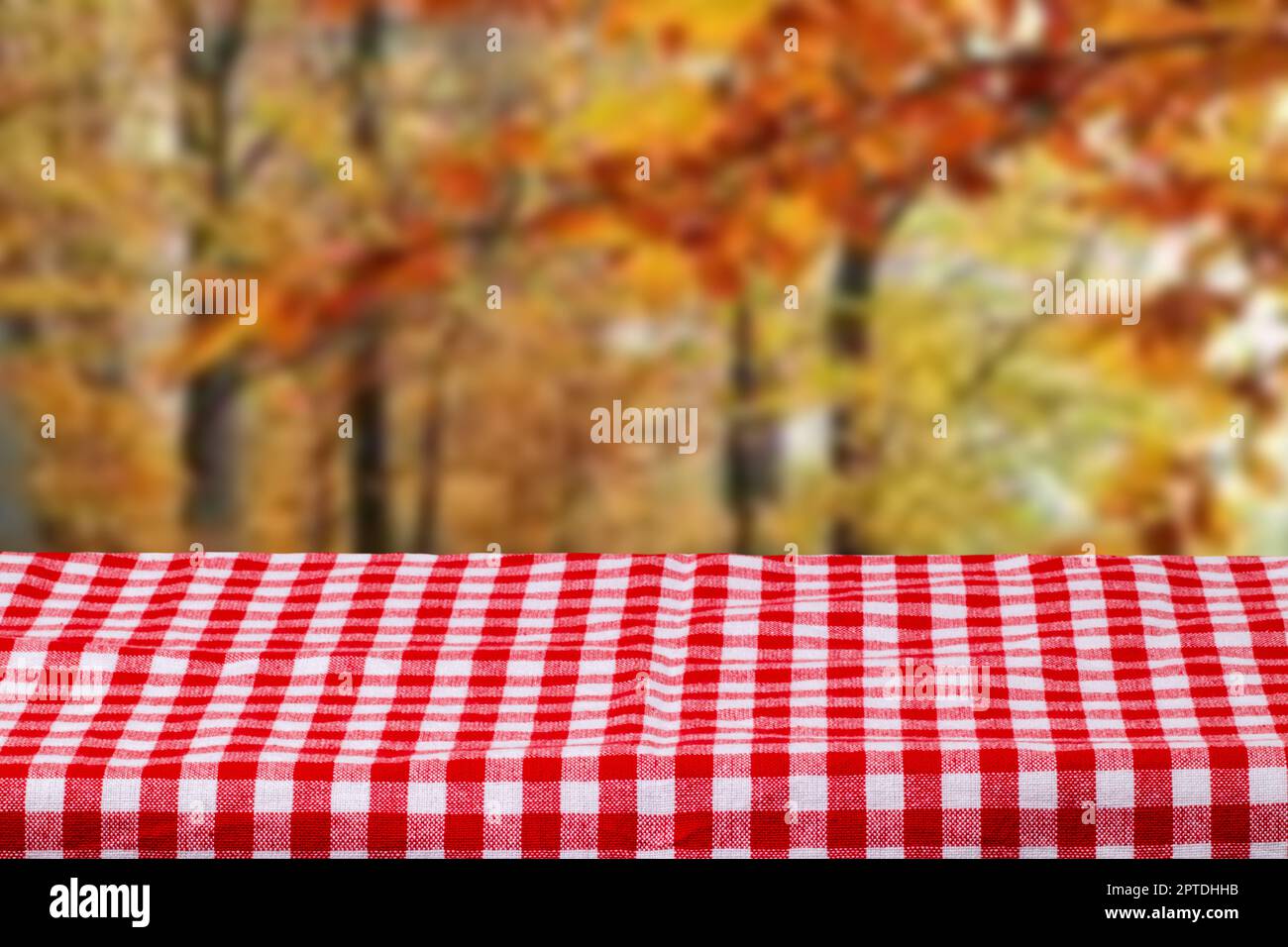 Empty table product. Empty wooden deck table covered with a red white ...