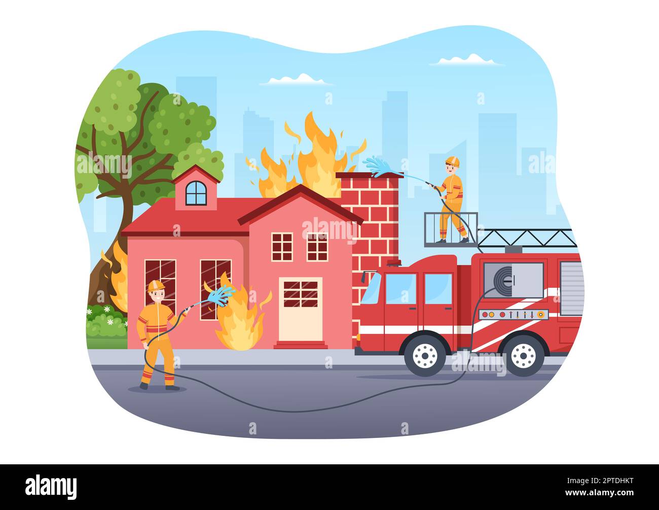 Fire Department with Firefighters Extinguishing House, Forest and ...