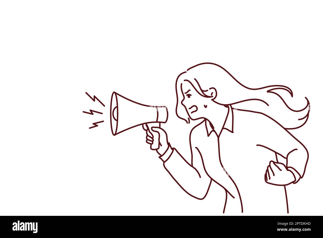 Furious young woman hold megaphone scream loud. Angry girl shout in ...