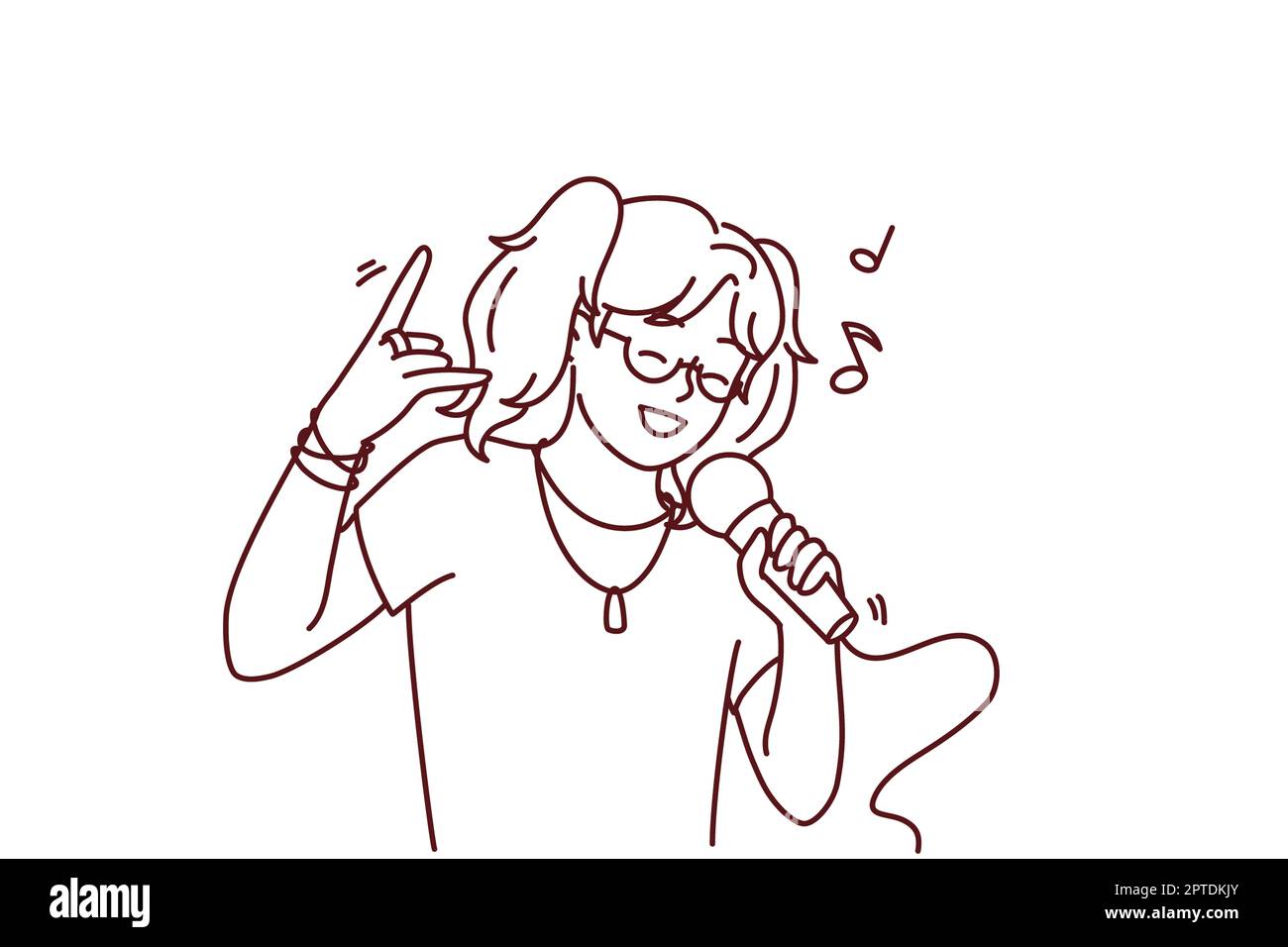 Happy girl have fun singing in microphone in karaoke. Smiling child ...