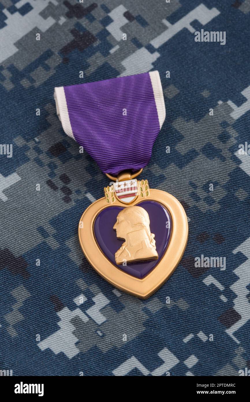 Purple Heart War Medal on Navy Camouflage Material Stock Photo - Alamy