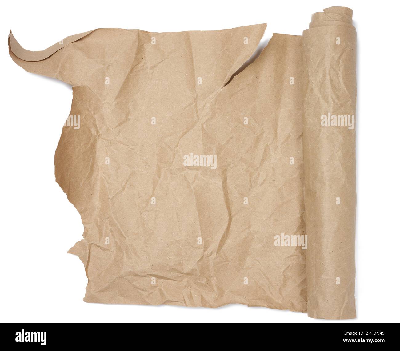 Roll of brown crumpled paper with torn edges isolated on white ...