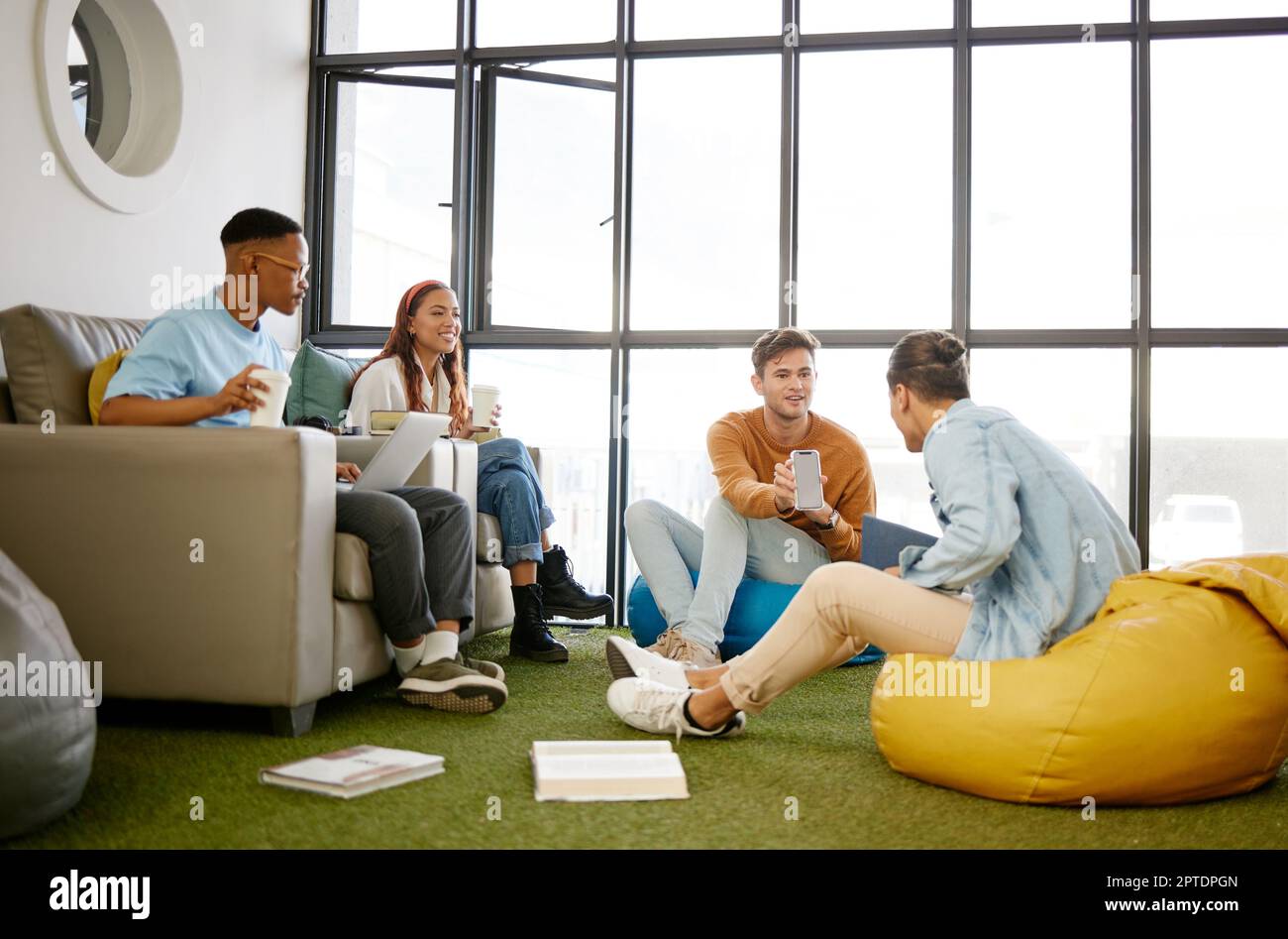 Education, phone or relax diversity students, team or group of friends ...