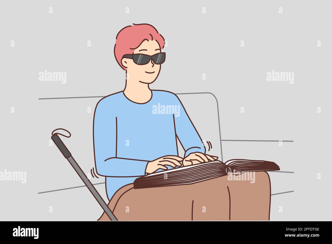 Blind man reading braille book at home. Smiling positive guy in glasses ...