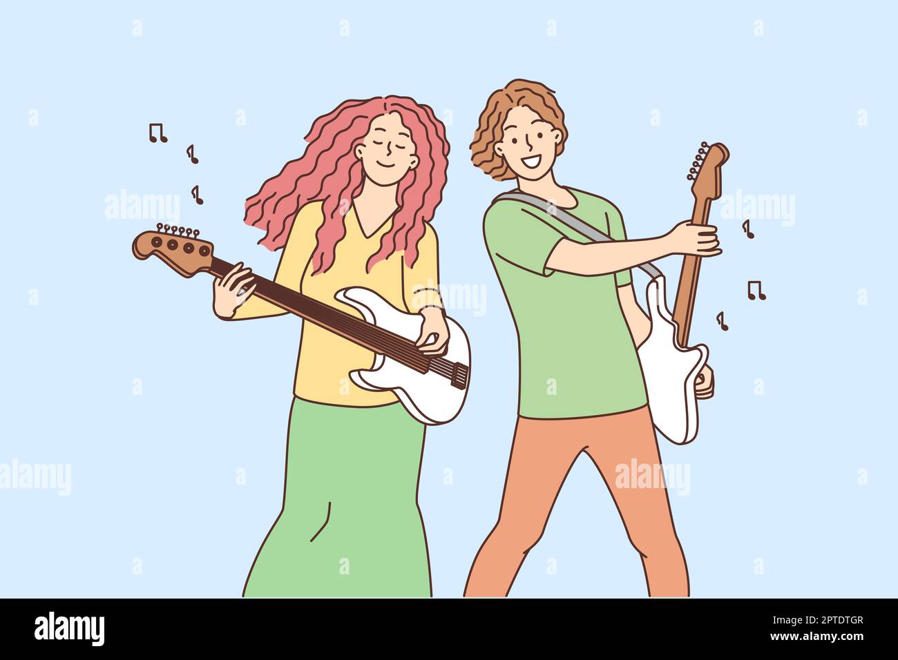 Happy musicians with guitars playing music. Smiling hippie couple have ...