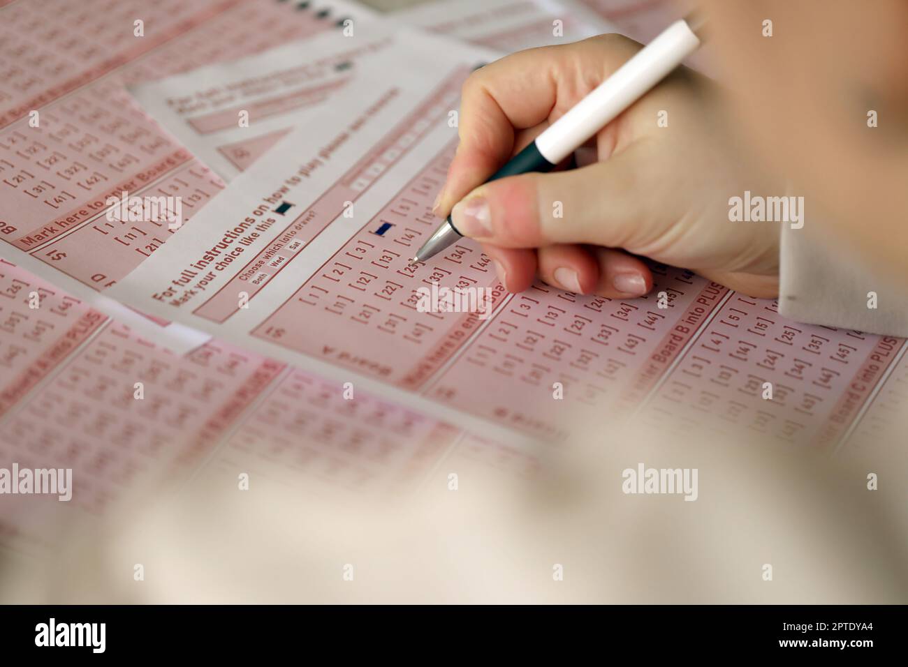 Filling out a lottery ticket. A young woman plays the lottery and ...