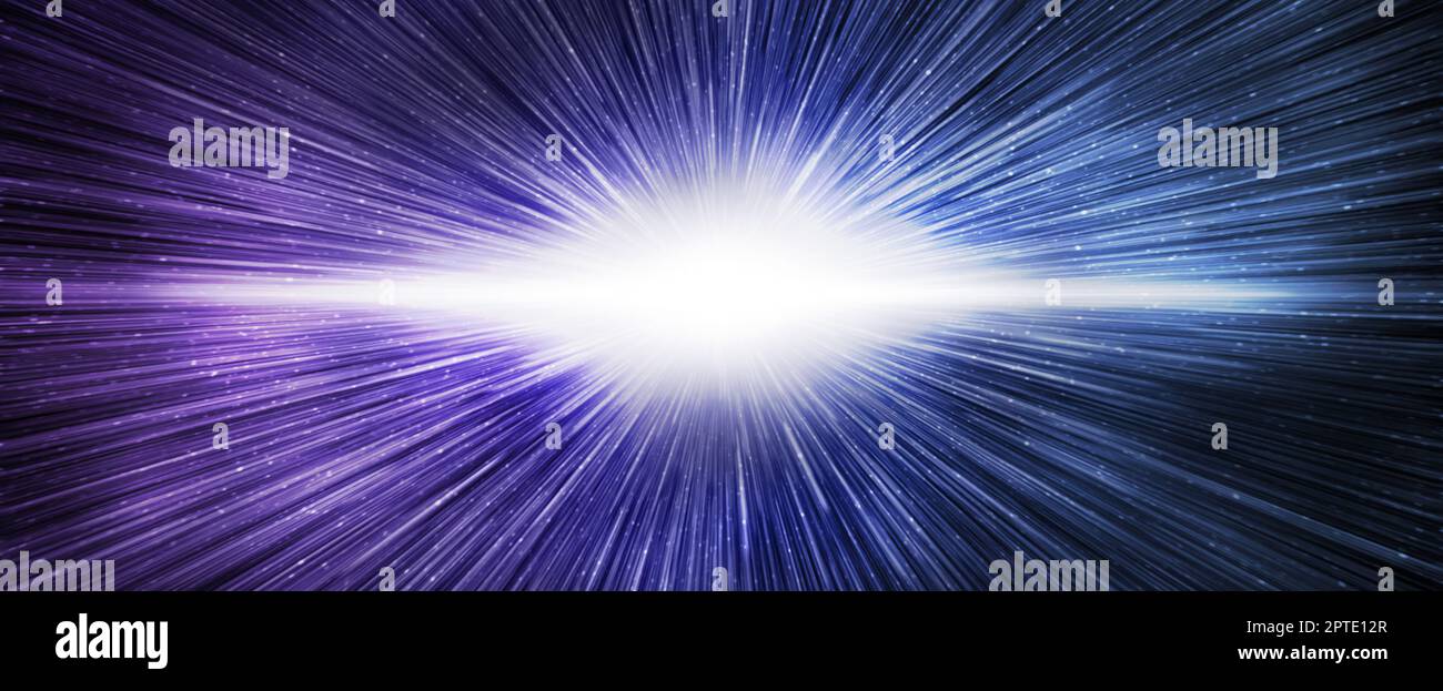 Big bang effect on bright blue galaxy sky, horizontal banner. 3d ...