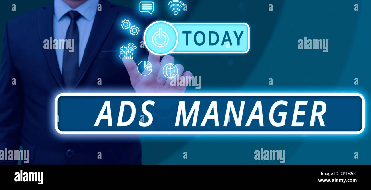 Sign displaying Ads Analysisager, Word for oversee and control the ...
