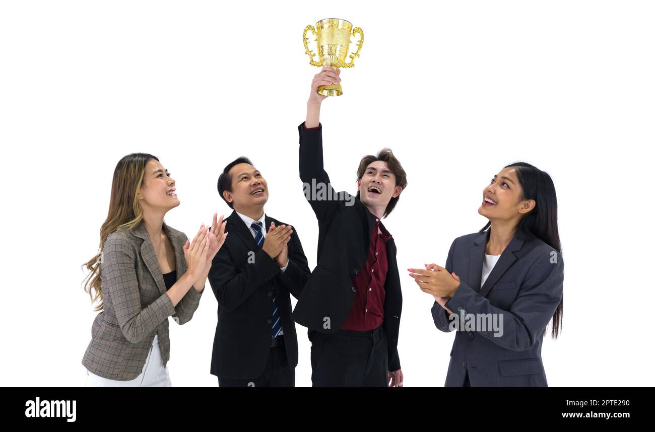 Team of successful people standing together with trophy received from ...