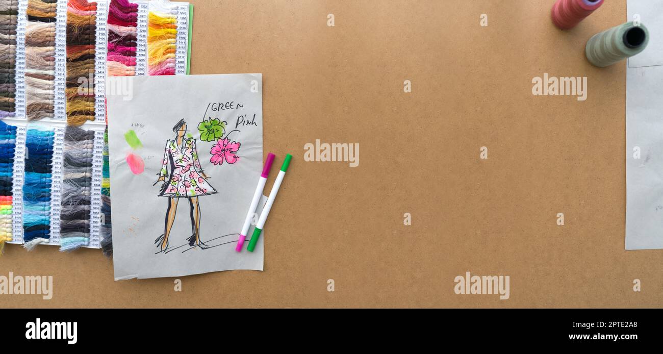 Fashion designer room. Pattern for cloth, silk thread color sample ...