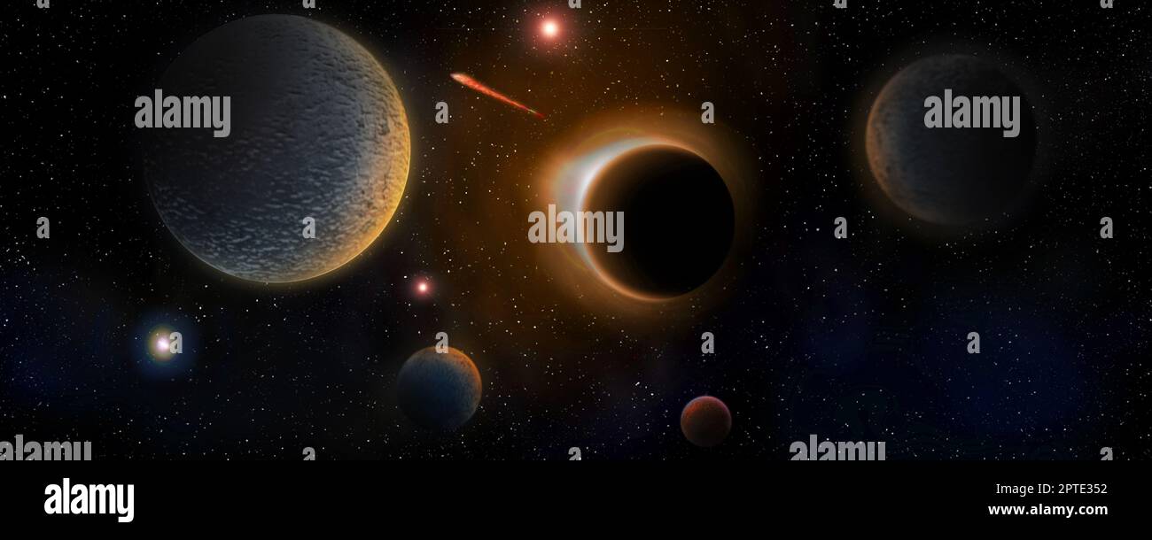 planets around solar eclipse, comet, bright stars and nebula in outer ...