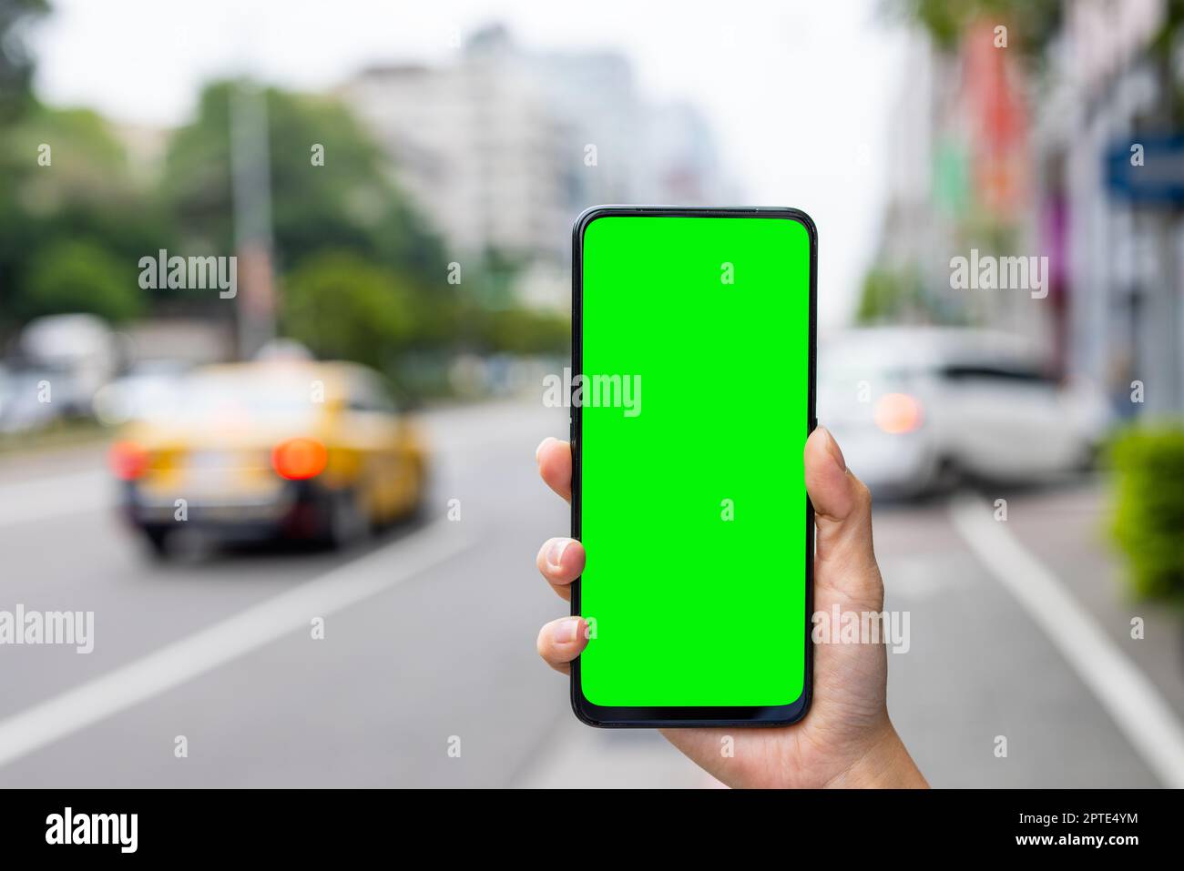 Woman show green screen phone hi-res stock photography and images - Alamy