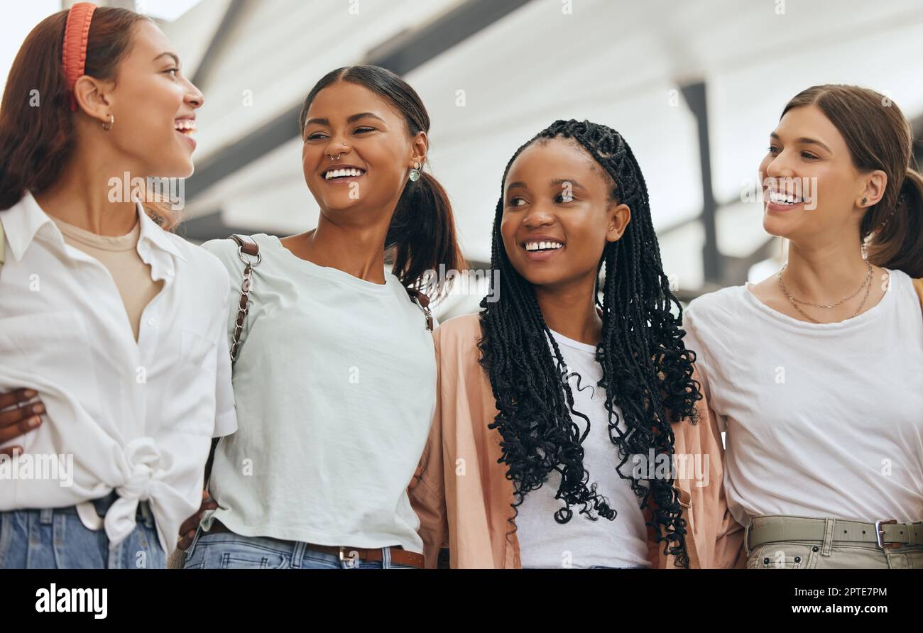 Happy international women, friends diversity and lifestyle conversation ...