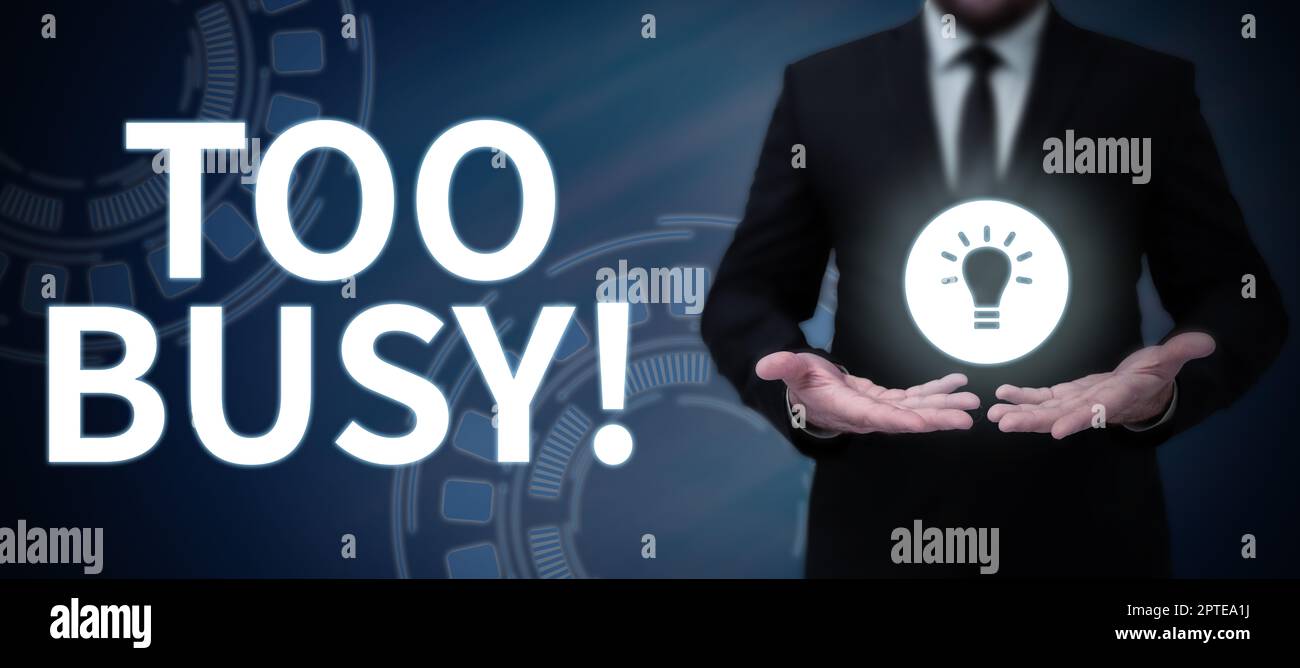 Text sign showing Too Busy, Business concept No time to relax no idle ...
