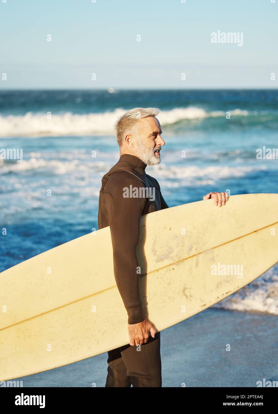 Senior man, beach and surfboard surfer, ready to surf Australia sea ...