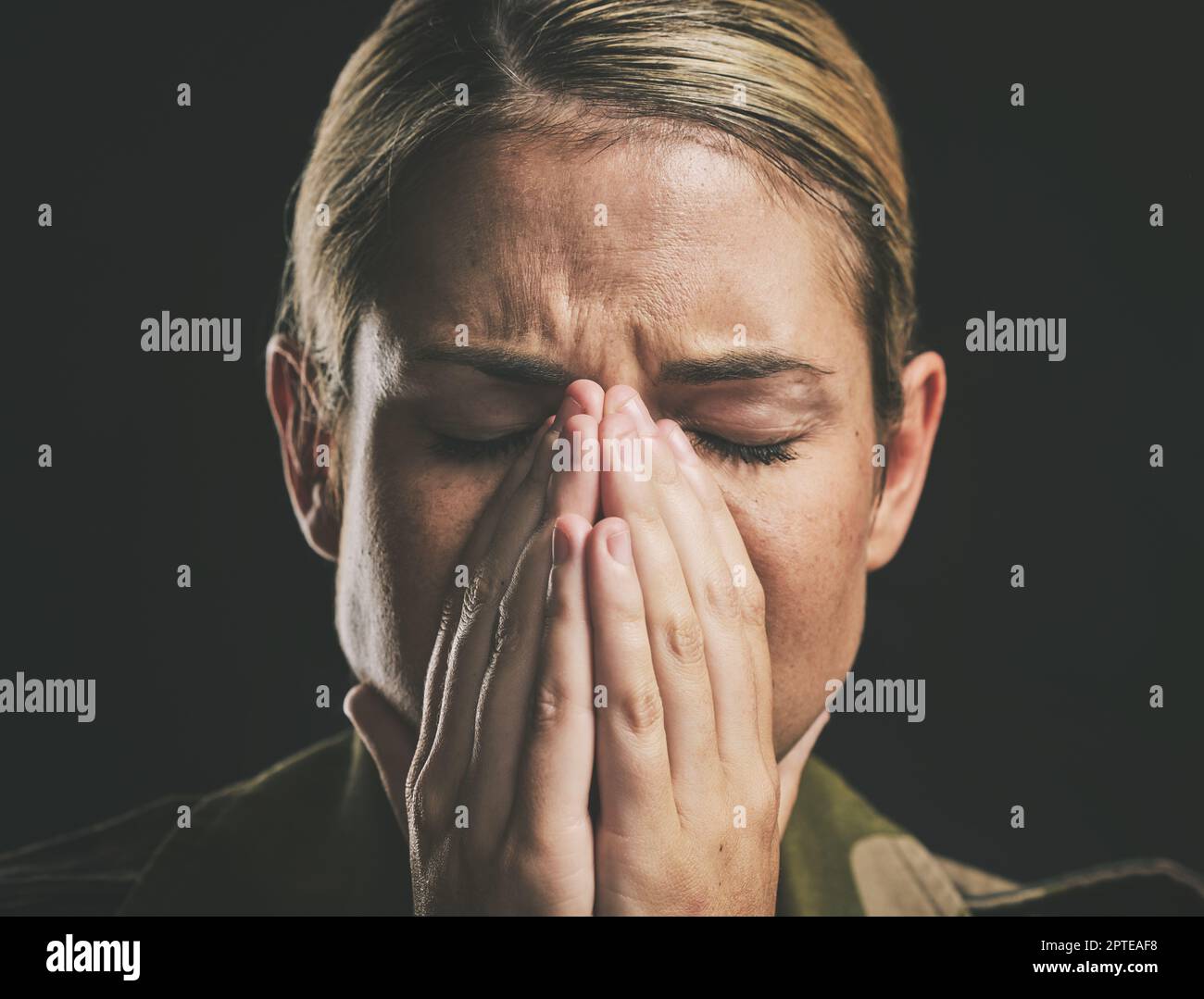 Crying, depression and sad military soldier with stress from the army ...