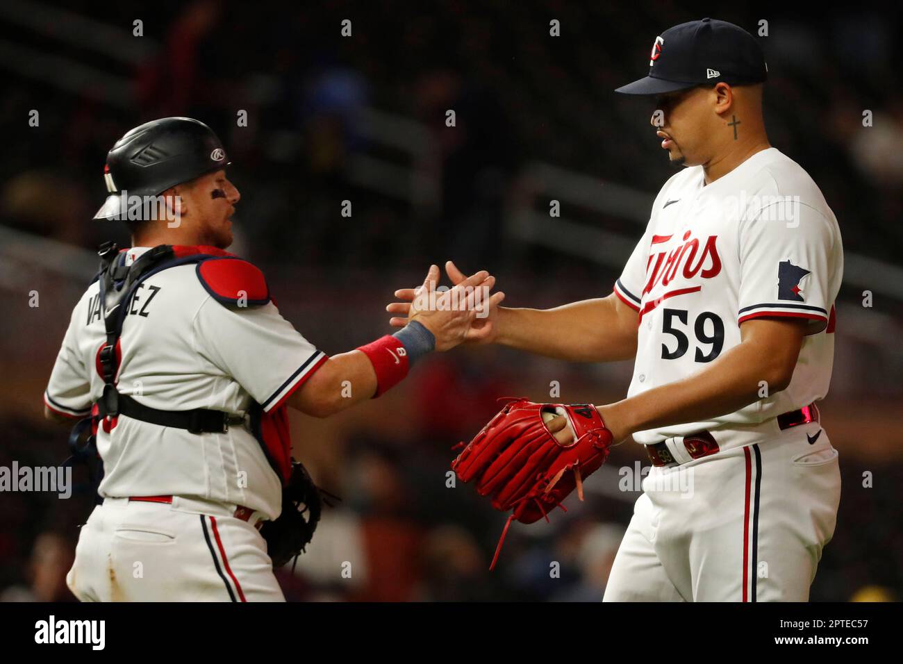 Minnesota Twins catcher Christian Vazquez, left, and relief pitcher ...