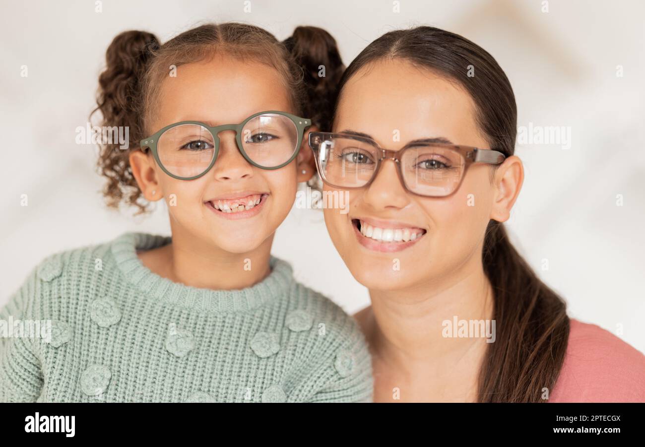 Mother, girl and glasses in optometry shop, frame and happy after ...