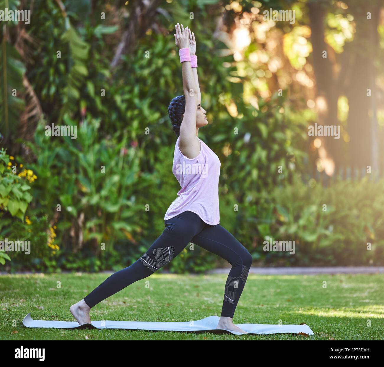 Woman, zen and yoga meditation stretching in nature park outdoors for ...