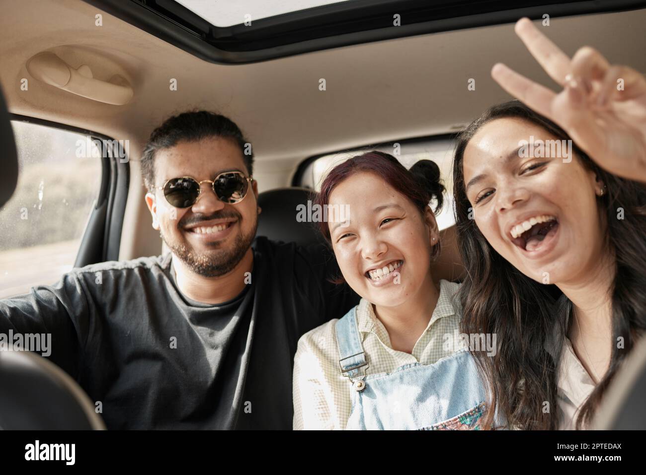 Travel, road trip and car with people or friends portrait excited for ...