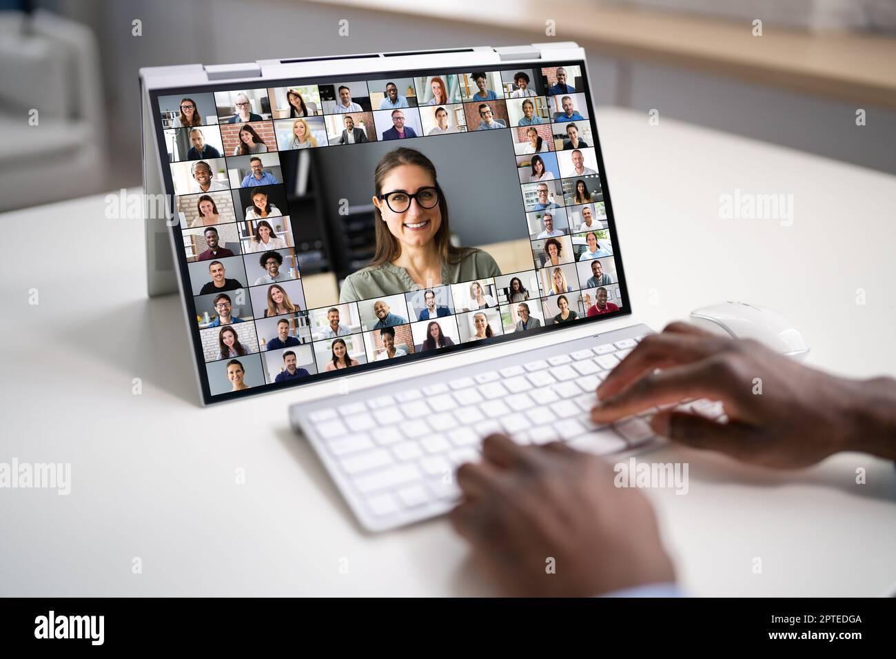 Virtual Video Conference Meeting Chat On Hybrid Laptop Stock Photo - Alamy