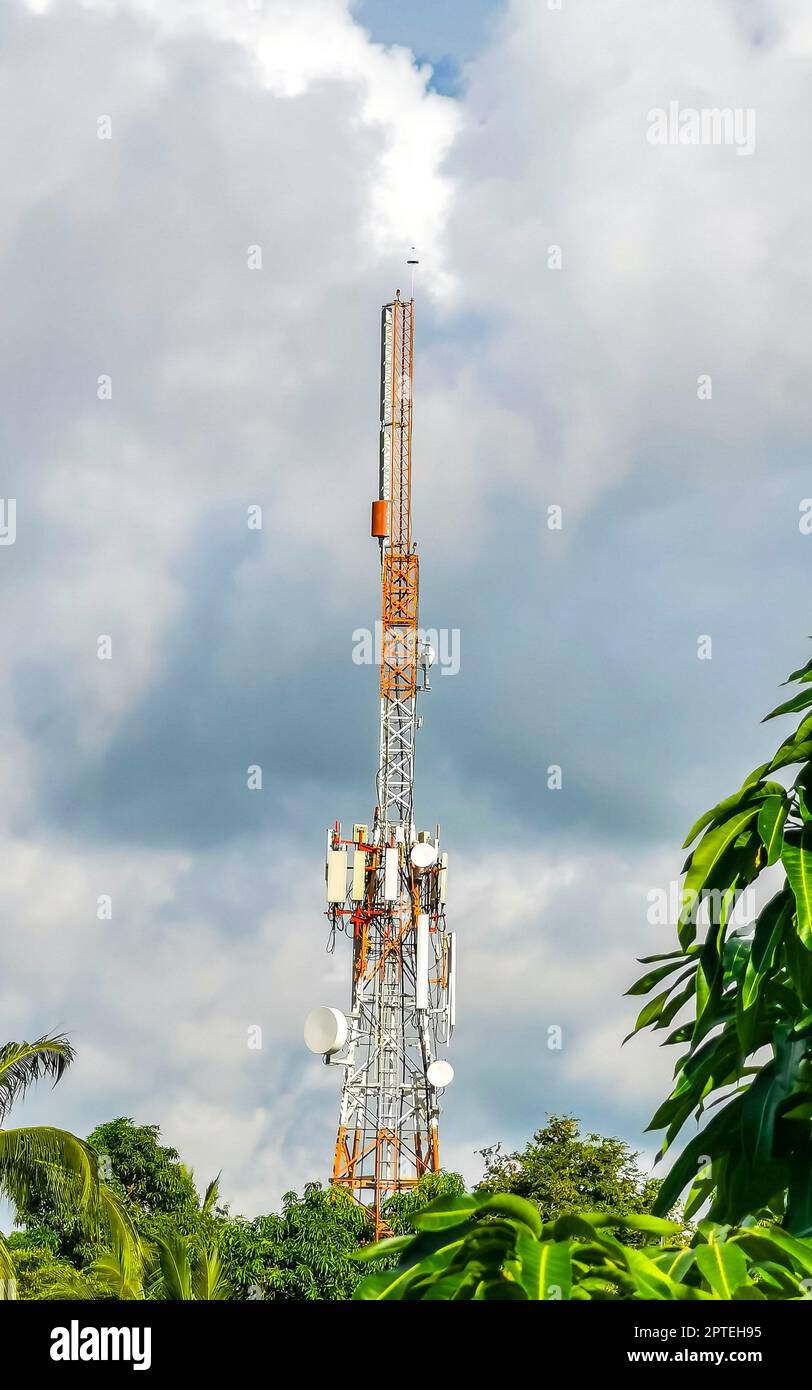 Red white 5G tower with blue sky background radiation kills us in ...