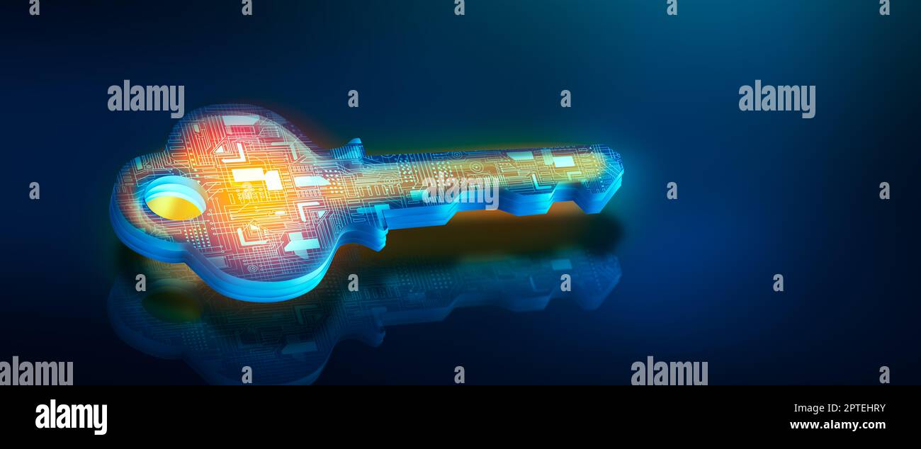 Digital key in technology background. Security or Private Key ...