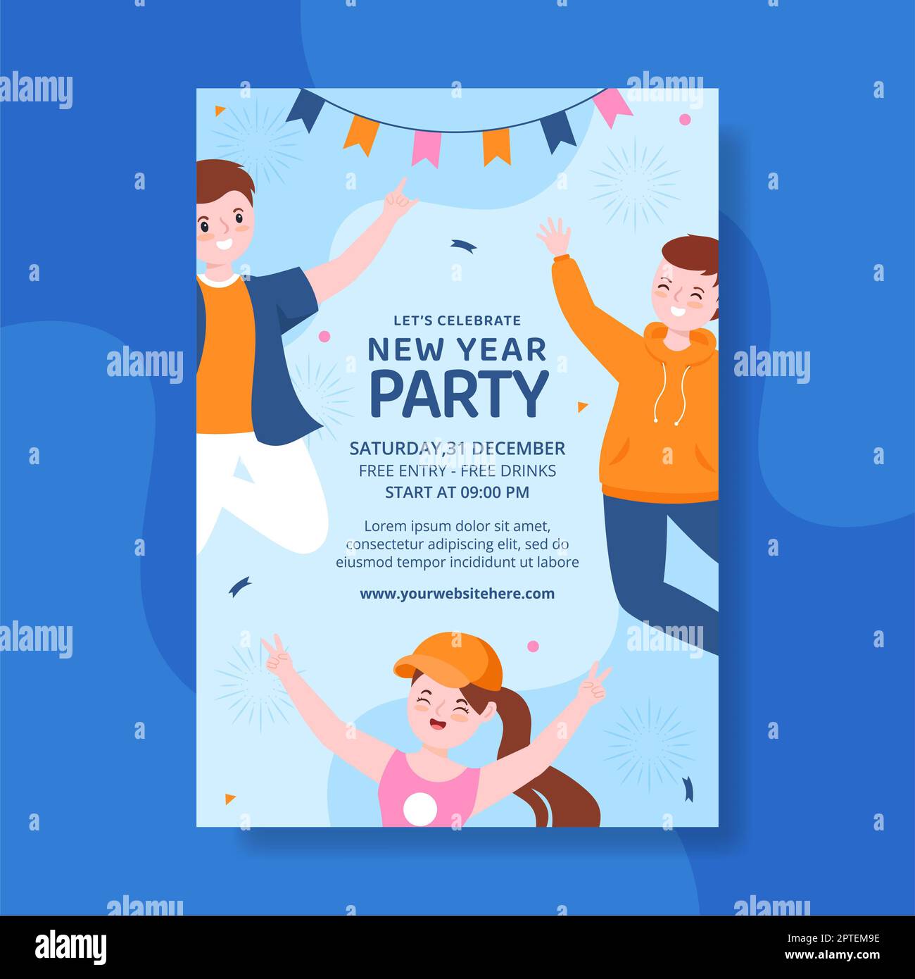 Happy New Year Celebration Invitation Flat Cartoon Hand Drawn Templates ...