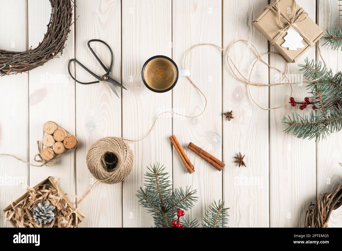 Handmade gift box in festive package decorated with postcard, top view ...