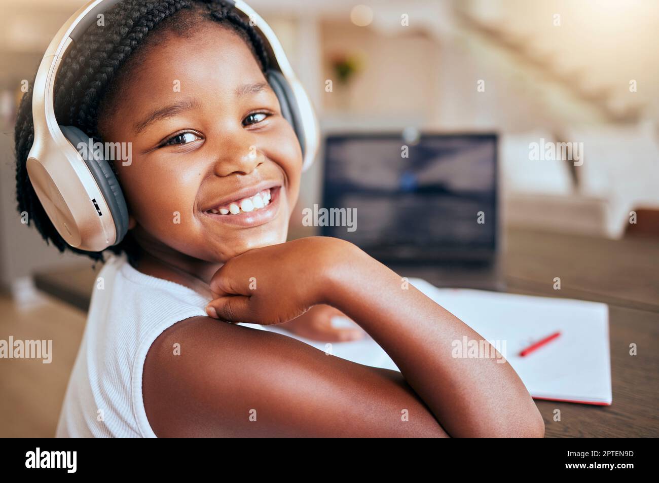 Education, homework and African girl with music for learning studying ...