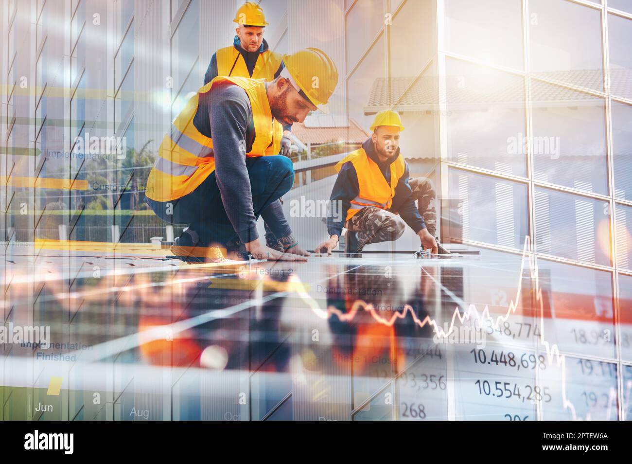 Workers assemble system with solar panel for electricity Stock Photo ...