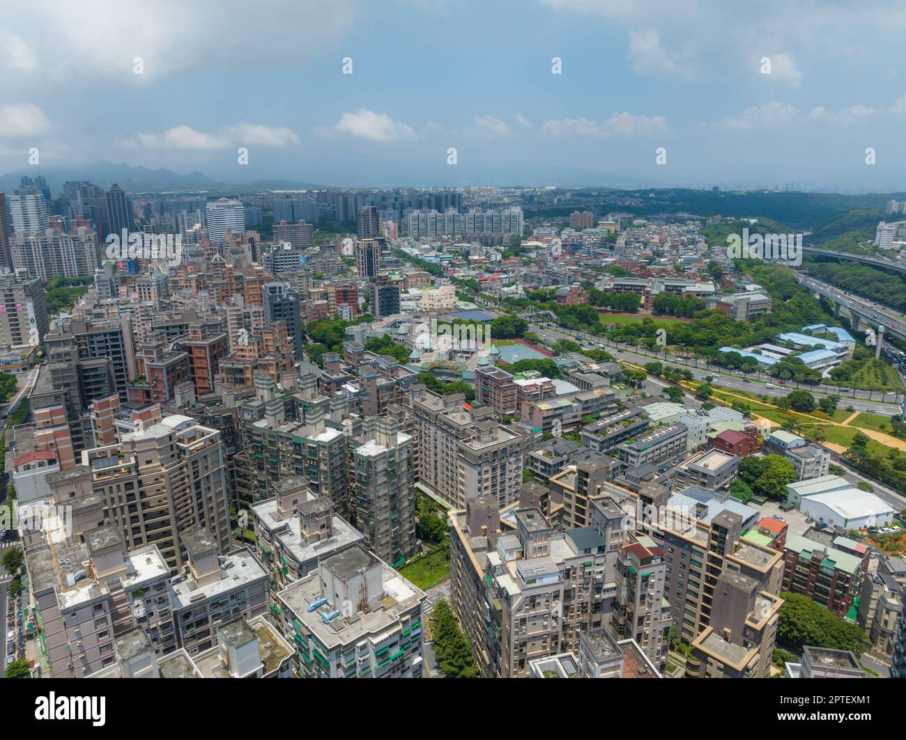 New Taipei, Taiwan, 11 July 2022: Top view of the city in Linkou ...