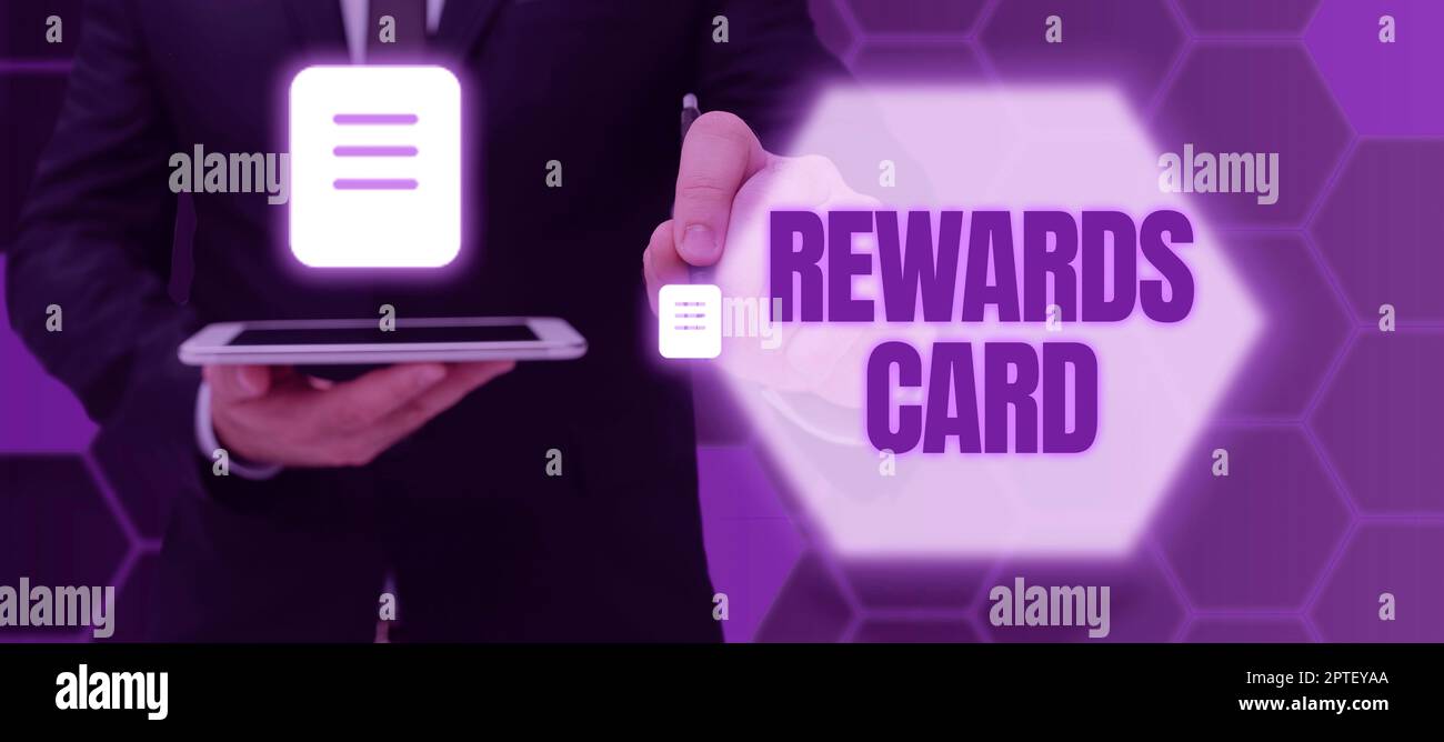 Hand writing sign Rewards Card, Word for Help earn cash points miles ...