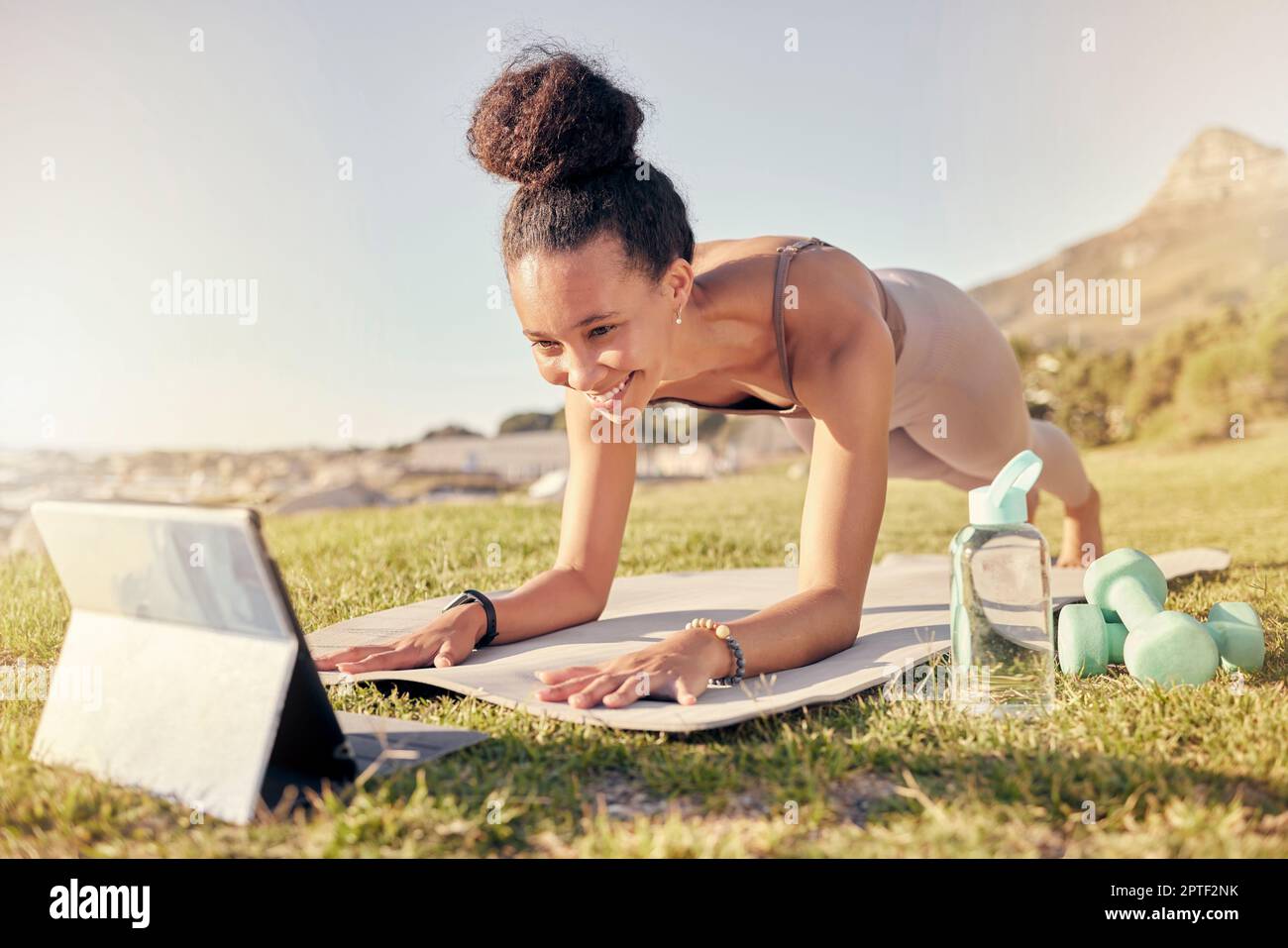 Tablet, woman and workout for meditation for exercise, relax and health ...