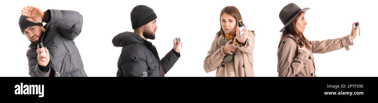 Collage of young woman and man with pepper spray for self-defence on ...