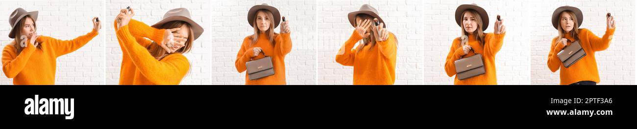 Collage of young woman with pepper spray for self-defence on white ...