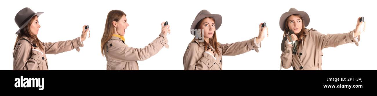 Collage of young woman with pepper spray for self-defence on white ...